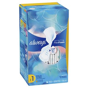 Always Infinity FlexFoam Pads for Women Size 1 Regular Absorbency, 72 Count with Wings, Unscented, 36 Count - Pack of 2 (72 Count Total), White