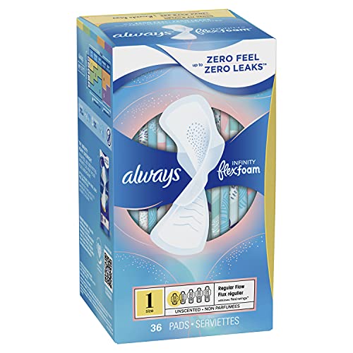 Always Infinity FlexFoam Pads for Women Size 1 Regular Absorbency, 72 Count with Wings, Unscented, 36 Count - Pack of 2 (72 Count Total), White