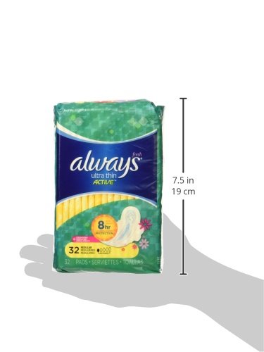 Always Ultra Thin Pads Size 1 Regular Absorbency Scented with Wings, 32 Count (Pack of 2), Packaging may vary