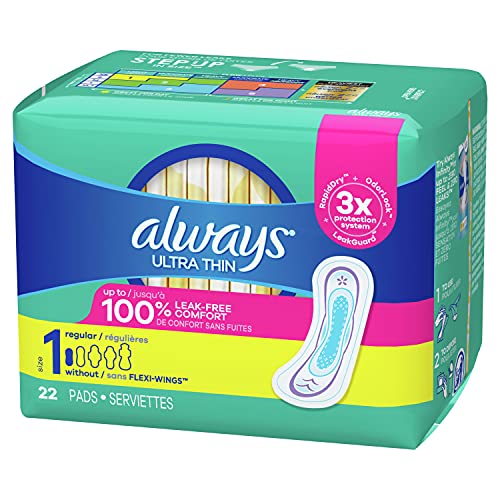 Always Ultra Thin Regular Without Wings, Unscented Pads, Multicolor, 22 Count (Pack of 4)