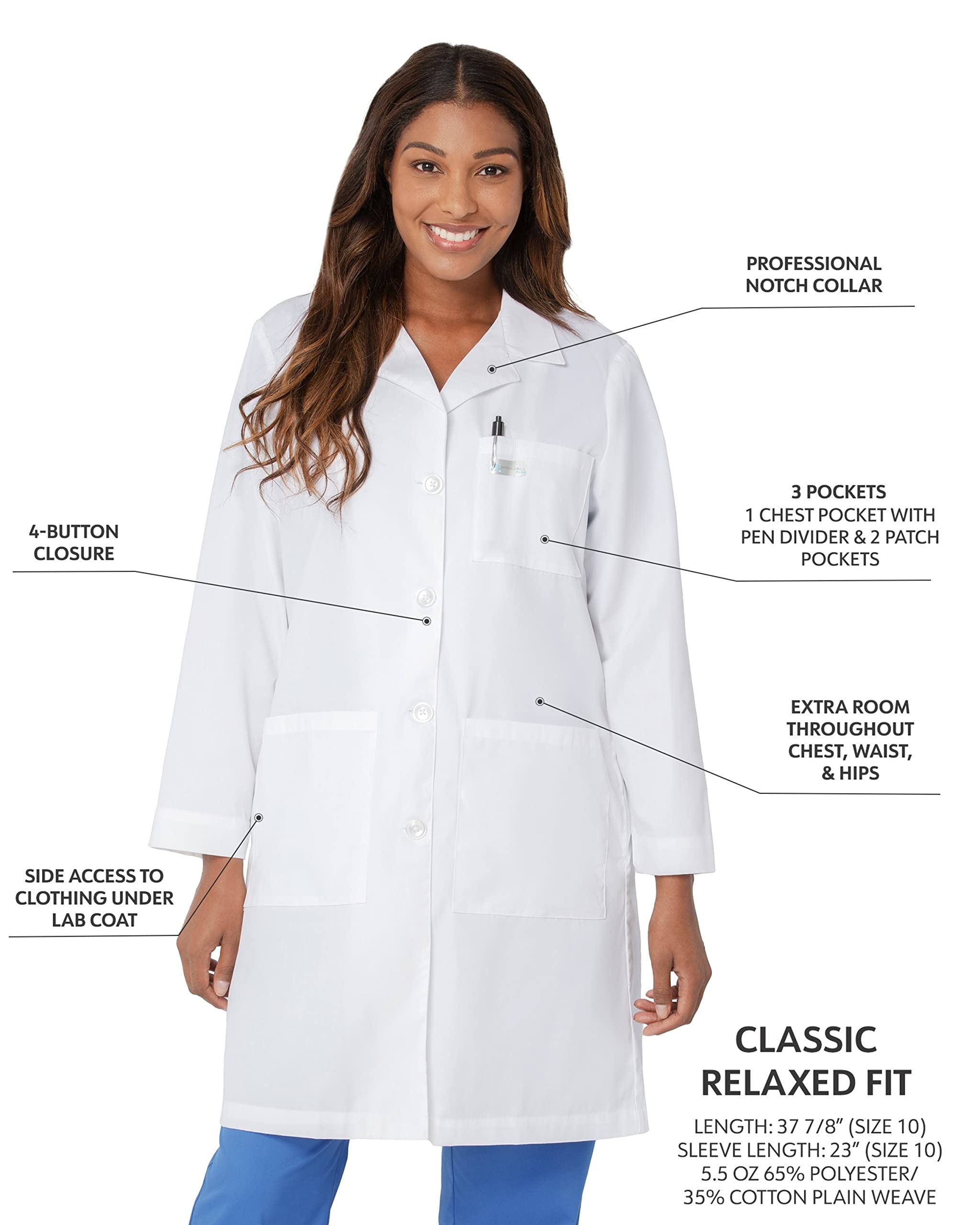 Landau Relaxed Fit 3-Pocket 4-Button Full-Length Lab Coat for Women 3155, White, 6