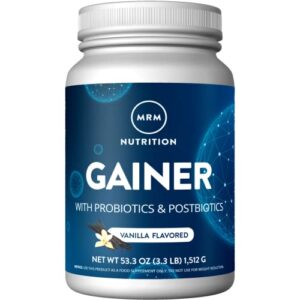 mrm nutrition gainer protein with probiotics + postbiotics | vanilla flavored | 25g protein | whey concentrate + isolate + micellar casein| slow + fast digesting| with digestive enzymes | 18 servings