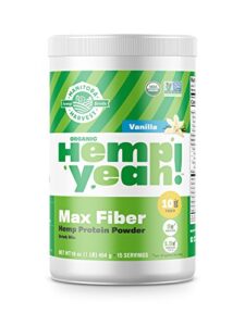 manitoba harvest hemp yeah! organic max fiber protein powder, vanilla, 16oz; with 10g of fiber, 9g protein and 1.9g omegas 3&6 per serving, preservative free, non-gmo