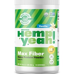 Manitoba Harvest Hemp Yeah! Organic Max Fiber Protein Powder, Vanilla, 16oz; with 10g of Fiber, 9g Protein and 1.9g Omegas 3&6 per Serving, Preservative Free, Non-GMO