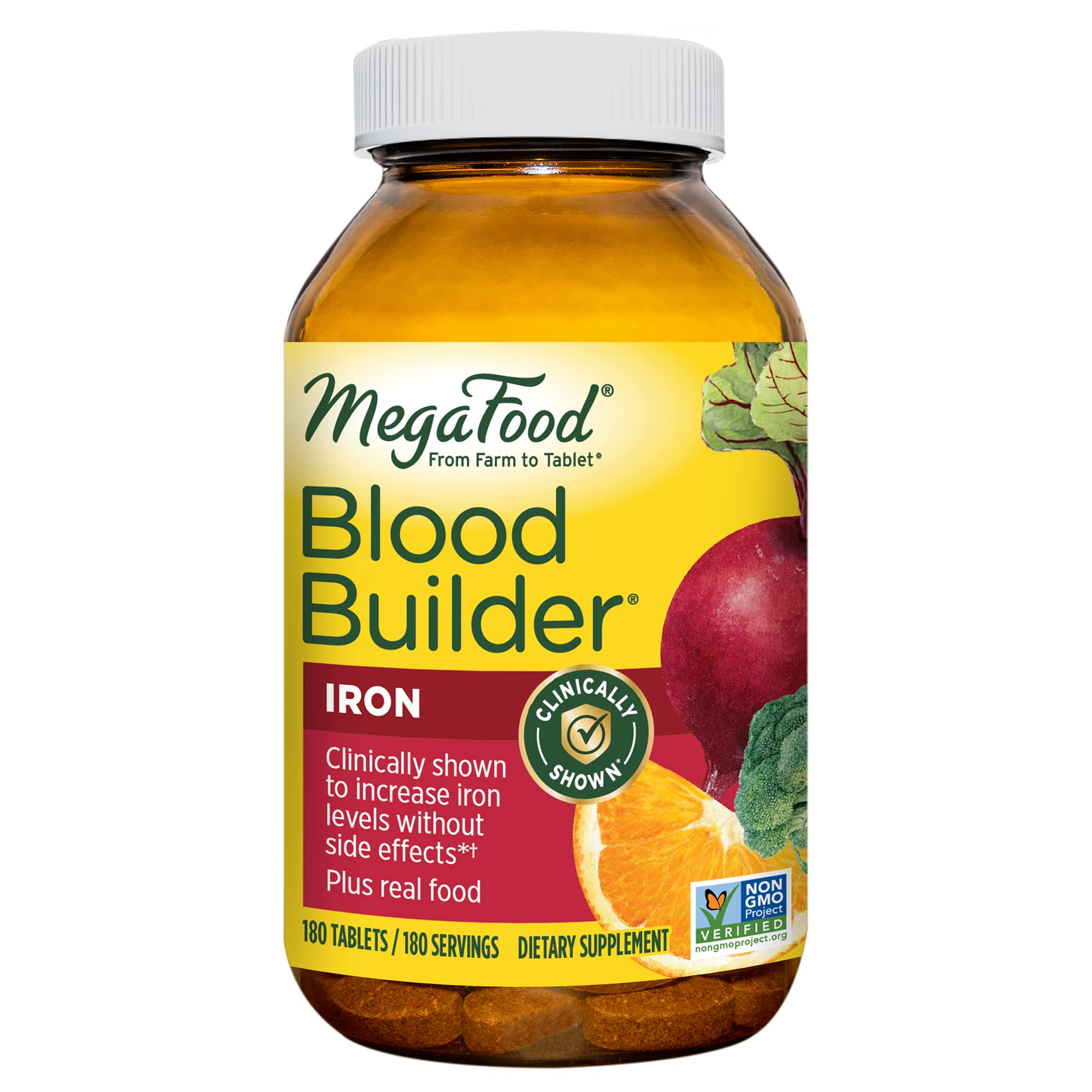 MegaFood Blood Builder - Iron Supplement Clinically Shown to Increase Iron Levels without Side Effects - Energy Support with Iron, Vitamins C and B12, and Folic Acid - Vegan - 180 Tabs