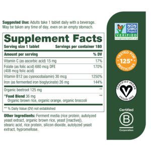 MegaFood Blood Builder - Iron Supplement Clinically Shown to Increase Iron Levels without Side Effects - Energy Support with Iron, Vitamins C and B12, and Folic Acid - Vegan - 180 Tabs