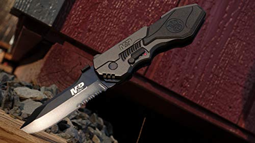 Smith & Wesson SWMP4LS 8.6in S.S. Assisted Folding Knife with 3.6in Serrated Clip Point Blade and Aluminum Handle for Outdoor Tactical Survival and EDC , Black