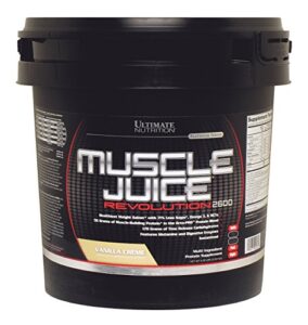 ultimate nutrition muscle juice revolution 2600 weight gainer, intestinal health, and muscle recovery with glutamine, micellar casein and time release complex carbohydrates, vanilla protein powder, 11.1 pounds