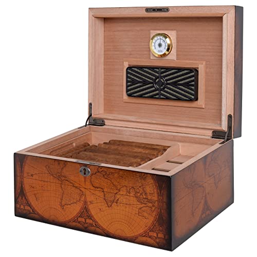 Old World Desktop Cigar Humidor, Walnut Finish, Spanish Cedar Tray, 3 Dividers, Hygrometer With Brass Frame, Lock And Key With Tassel, Holds Up To 100 Cigars