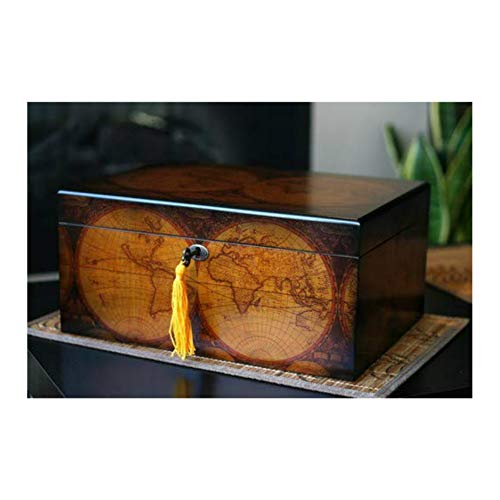 Old World Desktop Cigar Humidor, Walnut Finish, Spanish Cedar Tray, 3 Dividers, Hygrometer With Brass Frame, Lock And Key With Tassel, Holds Up To 100 Cigars