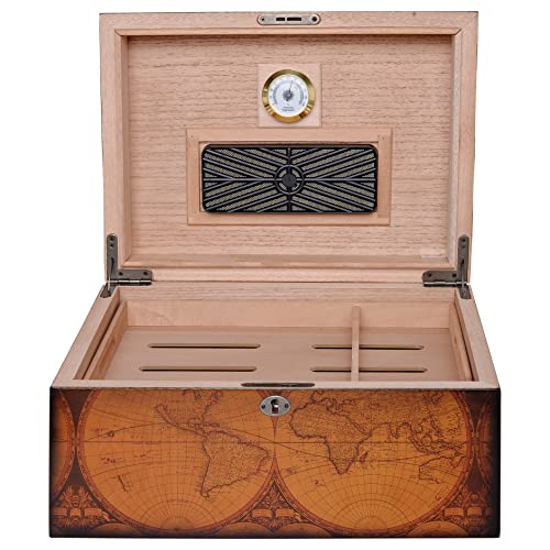 Old World Desktop Cigar Humidor, Walnut Finish, Spanish Cedar Tray, 3 Dividers, Hygrometer With Brass Frame, Lock And Key With Tassel, Holds Up To 100 Cigars