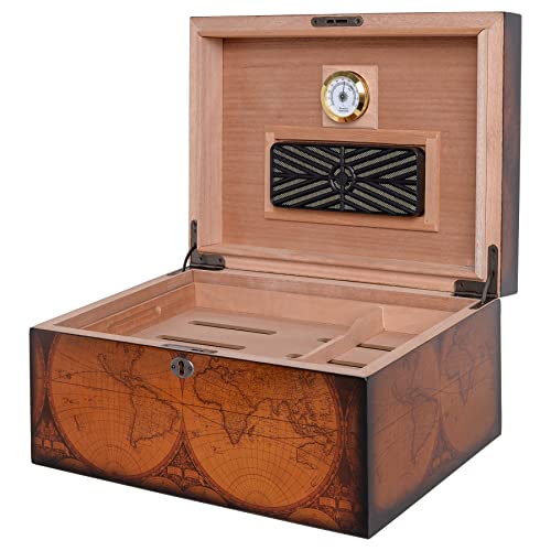 Old World Desktop Cigar Humidor, Walnut Finish, Spanish Cedar Tray, 3 Dividers, Hygrometer With Brass Frame, Lock And Key With Tassel, Holds Up To 100 Cigars