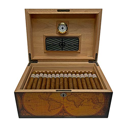 Old World Desktop Cigar Humidor, Walnut Finish, Spanish Cedar Tray, 3 Dividers, Hygrometer With Brass Frame, Lock And Key With Tassel, Holds Up To 100 Cigars