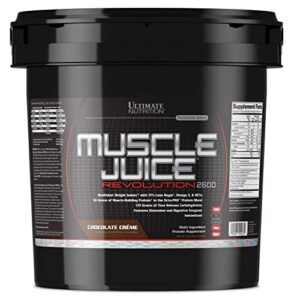 ultimate nutrition muscle juice revolution 2600, lean muscle mass gainer protein powder with glutamine, whey protein isolate for weight gain, time release carbohydrates, 11.1 pounds, chocolate