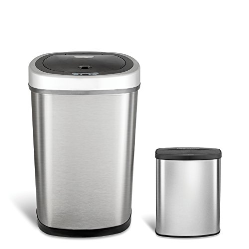 NINESTARS CB-DZT-50-9/8-1 Automatic Touchless Infrared Motion Sensor Trash Can Combo Set, 13 Gal 50L & 2 Gal 8L, Stainless Steel Base (Oval & Rectangular, Silver/Black Lid)