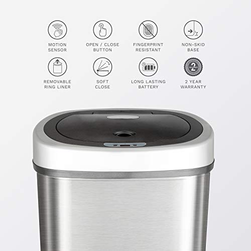 NINESTARS CB-DZT-50-9/8-1 Automatic Touchless Infrared Motion Sensor Trash Can Combo Set, 13 Gal 50L & 2 Gal 8L, Stainless Steel Base (Oval & Rectangular, Silver/Black Lid)