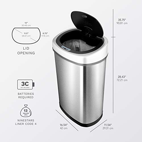 NINESTARS CB-DZT-50-9/8-1 Automatic Touchless Infrared Motion Sensor Trash Can Combo Set, 13 Gal 50L & 2 Gal 8L, Stainless Steel Base (Oval & Rectangular, Silver/Black Lid)