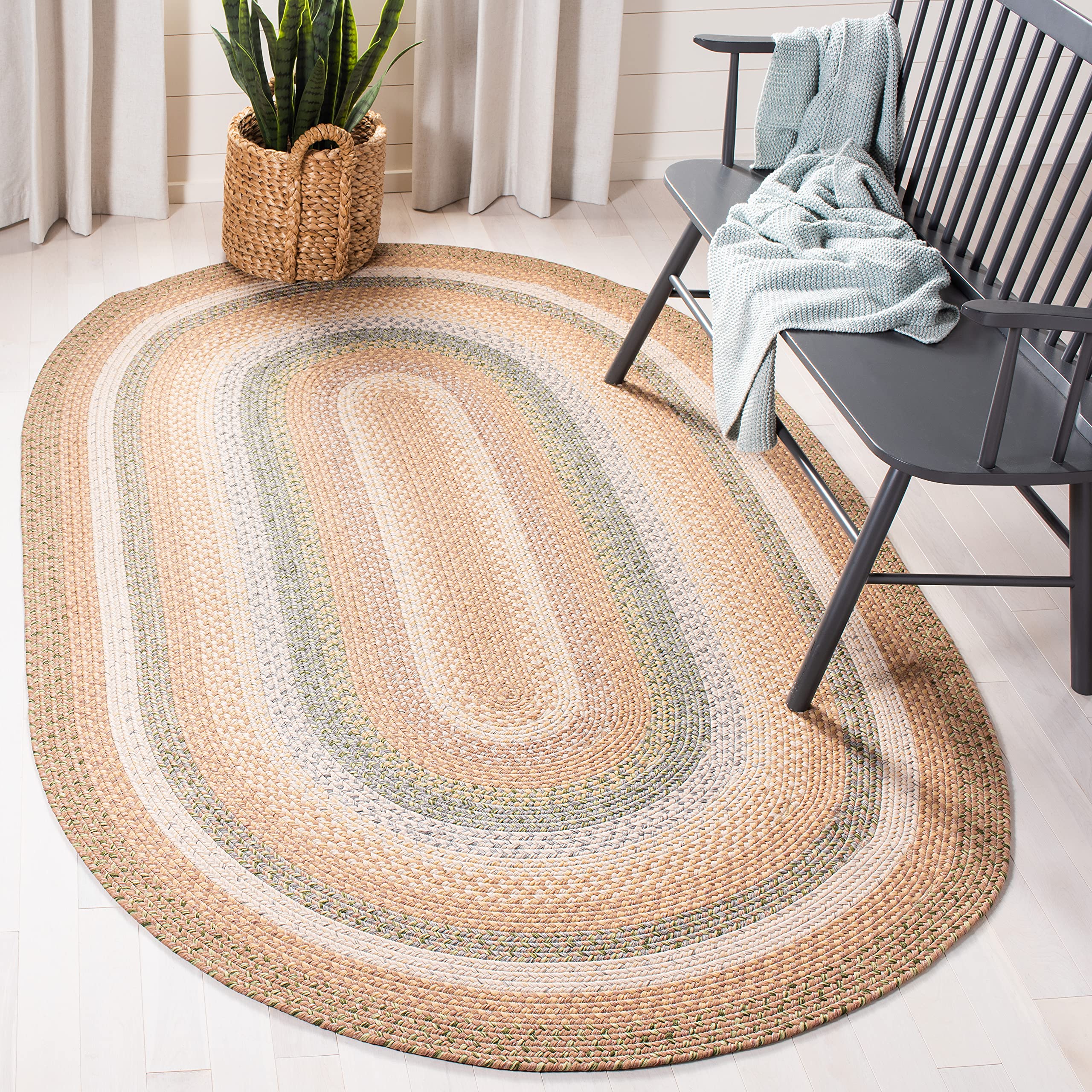 SAFAVIEH Braided Collection 4' x 6' Oval Tan / Multi BRD314A Handmade Country Cottage Reversible Area Rug