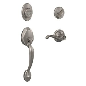 schlage f60 v ply 619 fla plymouth front entry handleset with flair lever, deadbolt keyed 1 side, satin nickel