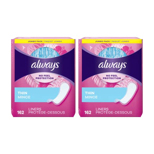 Always Thin No Feel Protection Daily Liners Regular Absorbency Unscented, 162 Count - Pack of 2 (324 Count Total)