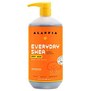 alaffia everyday shea body wash, naturally moisturizing cleanser for all skin types with fair trade shea butter, neem & coconut oil, unscented, 32 fl oz