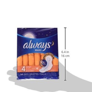 Always Maxi Size 4 Overnight Pads for Women, with Wings,Unscented, 14 Count - Pack of 4 (56 Count Total)