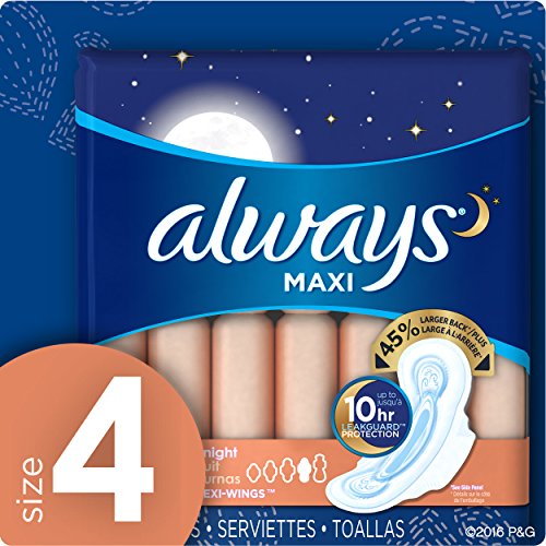 Always Maxi Size 4 Overnight Pads for Women, with Wings,Unscented, 14 Count - Pack of 4 (56 Count Total)