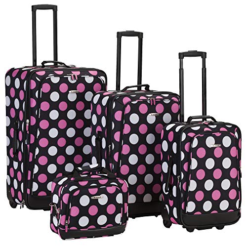 Rockland Escape 4-Piece Softside Upright Luggage Set, Telescoping Handles, Multi/Pink Dot, (14/19/24/28)