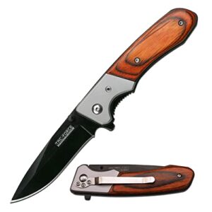 tac force spring assisted folding pocket knife – black stainless steel drop point blade, brown wood handle with stainless steel bolster, pocket clip, tactical, edc, rescue - tf-469