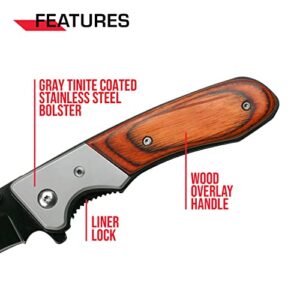 TAC FORCE Spring Assisted Folding Pocket Knife – Black Stainless Steel Drop Point Blade, Brown Wood Handle with Stainless Steel Bolster, Pocket Clip, Tactical, EDC, Rescue - TF-469