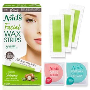 nad's facial wax strips - hypoallergenic all skin types - facial hair removal for women - at home waxing kit with 20 face wax strips + 4 calming oil wipes + skin protection powder