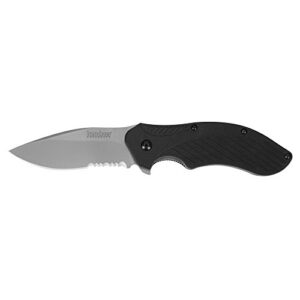 Kershaw Clash Serrated Pocketknife, 3" 8Cr13MoV Steel Drop Point Blade, Assisted One-Handed Flipper Opening, Folding Utility EDC