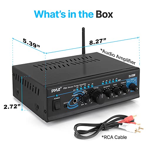 Pyle Home Home Audio Power Amplifier System with Bluetooth - 2X120W Mini Dual Channel Mixer Sound Stereo Receiver Box w/ RCA, AUX, Mic Input - For Amplified Speakers, PA, Theater, Studio Use -PTA4