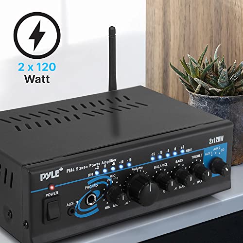 Pyle Home Home Audio Power Amplifier System with Bluetooth - 2X120W Mini Dual Channel Mixer Sound Stereo Receiver Box w/ RCA, AUX, Mic Input - For Amplified Speakers, PA, Theater, Studio Use -PTA4