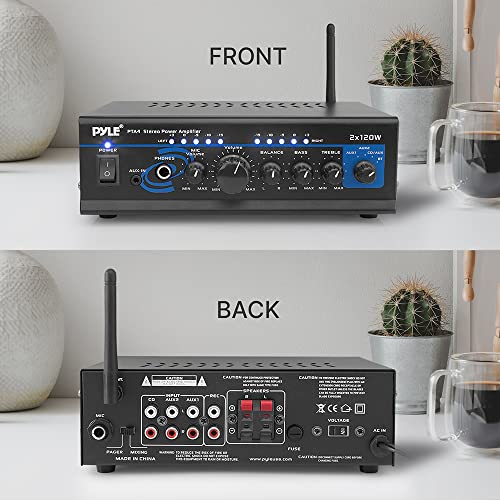 Pyle Home Home Audio Power Amplifier System with Bluetooth - 2X120W Mini Dual Channel Mixer Sound Stereo Receiver Box w/ RCA, AUX, Mic Input - For Amplified Speakers, PA, Theater, Studio Use -PTA4