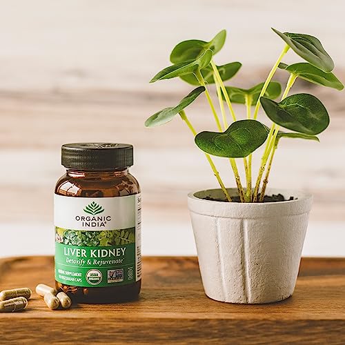 ORGANIC INDIA Liver Kidney Herbal Supplement - Detoxify & Rejuvenate, Supports Healthy Liver & Kidney Function, Vegan, Gluten-Free, Kosher, USDA Certified Organic, Non-GMO - 90 Capsules