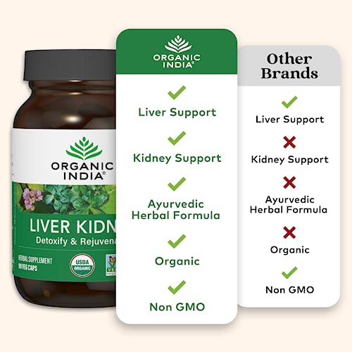 ORGANIC INDIA Liver Kidney Herbal Supplement - Detoxify & Rejuvenate, Supports Healthy Liver & Kidney Function, Vegan, Gluten-Free, Kosher, USDA Certified Organic, Non-GMO - 90 Capsules