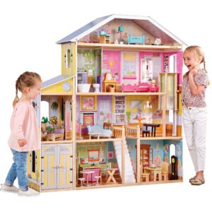 kidkraft majestic mansion wooden dollhouse with 34-piece accessories, working elevator and garage, gift for ages 3+