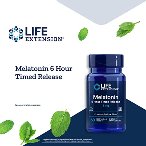 Life Extension Melatonin 6 Hour Timed Release 3 mg - For Circadian Rhythm & Immune Function, Cellular and DNA Health - Sleep Supplement - Non-GMO, Gluten-Free - Vegetarian Tablets, 60 Count