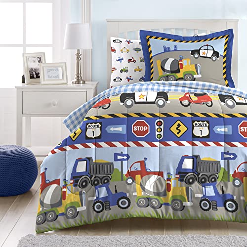 dream FACTORY Trucks Tractors Cars Boys 5-Piece Bedding Comforter Sheet Set, Twin Blue Red Multi