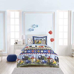 dream FACTORY Trucks Tractors Cars Boys 5-Piece Bedding Comforter Sheet Set, Twin Blue Red Multi