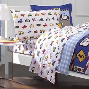 dream FACTORY Trucks Tractors Cars Boys 5-Piece Bedding Comforter Sheet Set, Twin Blue Red Multi