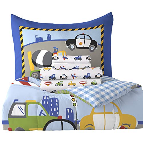 dream FACTORY Trucks Tractors Cars Boys 5-Piece Bedding Comforter Sheet Set, Twin Blue Red Multi