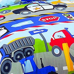 dream FACTORY Trucks Tractors Cars Boys 5-Piece Bedding Comforter Sheet Set, Twin Blue Red Multi