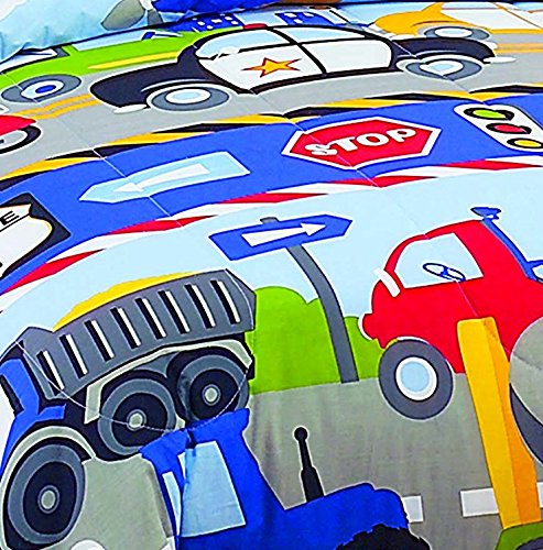 dream FACTORY Trucks Tractors Cars Boys 5-Piece Bedding Comforter Sheet Set, Twin Blue Red Multi