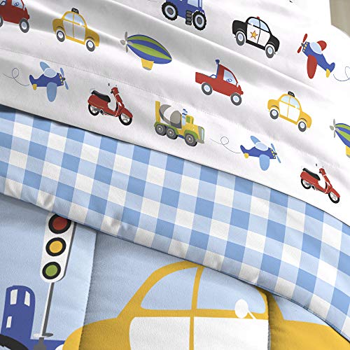 dream FACTORY Trucks Tractors Cars Boys 5-Piece Bedding Comforter Sheet Set, Twin Blue Red Multi