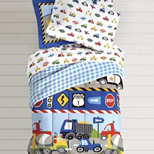 dream FACTORY Trucks Tractors Cars Boys 5-Piece Bedding Comforter Sheet Set, Twin Blue Red Multi