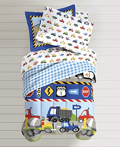 dream FACTORY Trucks Tractors Cars Boys 5-Piece Bedding Comforter Sheet Set, Twin Blue Red Multi