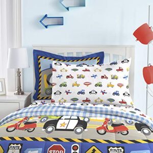 dream FACTORY Trucks Tractors Cars Boys 5-Piece Bedding Comforter Sheet Set, Twin Blue Red Multi