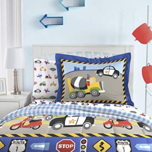 dream FACTORY Trucks Tractors Cars Boys 5-Piece Bedding Comforter Sheet Set, Twin Blue Red Multi